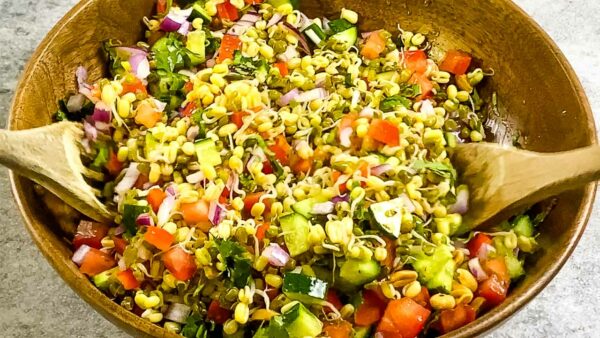 Sprouted Mung Salad (Indian Moong Bean Salad Recipe) - Caramel and Spice